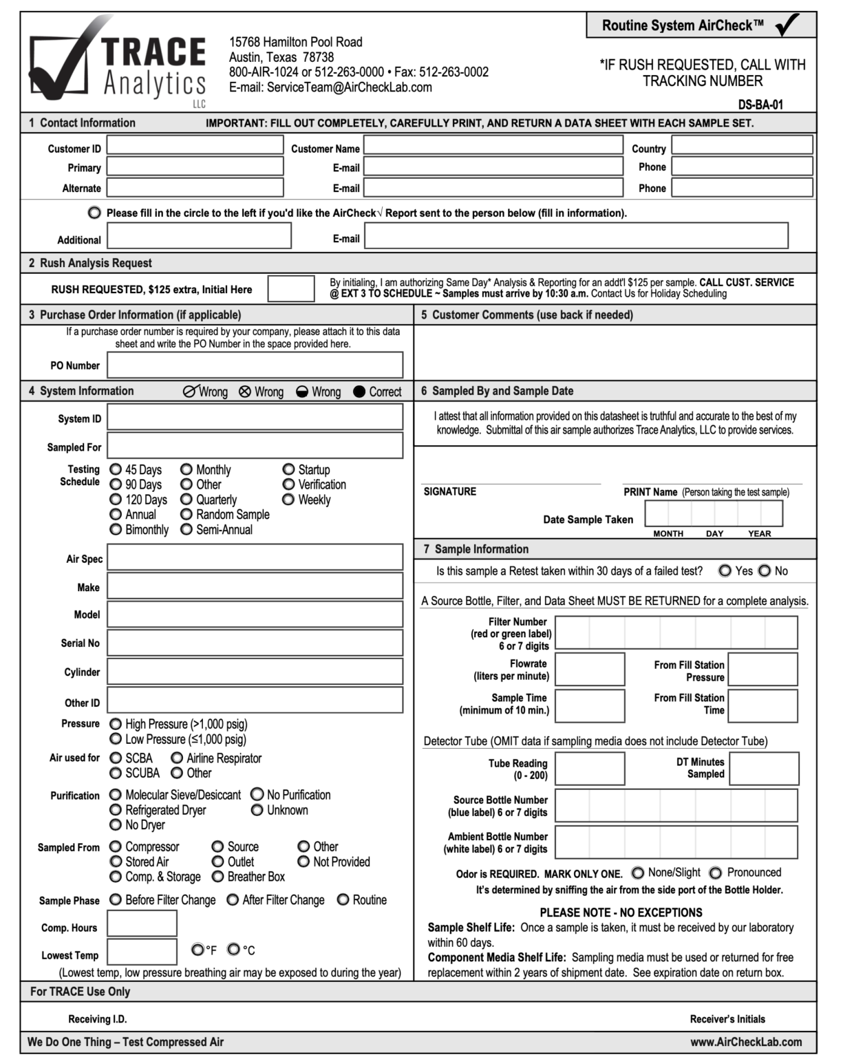 Breathing Air Data Sheets - Trace Analytics, the AirCheck Lab