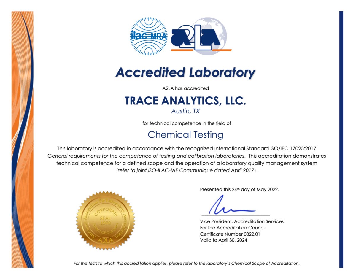 Accreditation Certificate - Trace Analytics, the AirCheck Lab